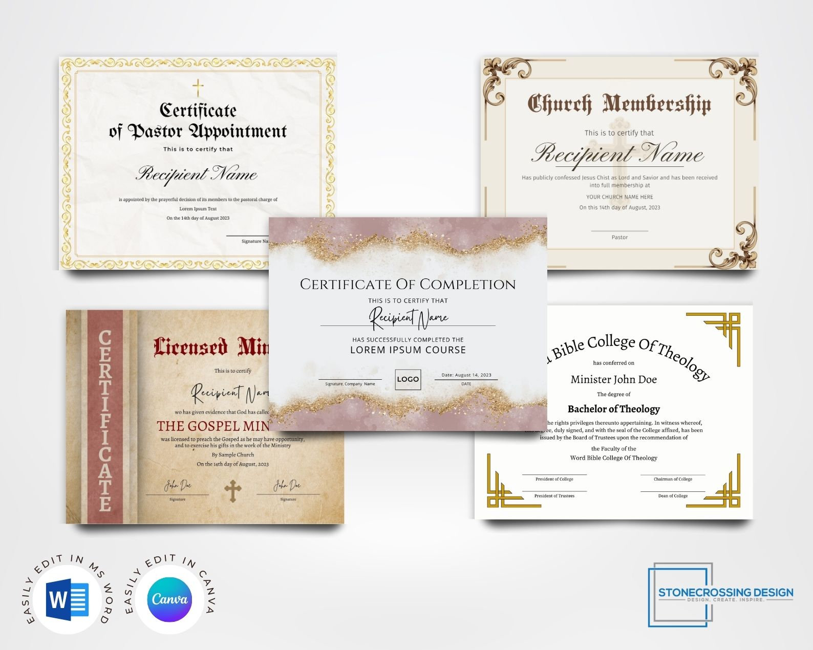 Editable Religious Milestones Bundle Certificates: Pastor Appointment ...