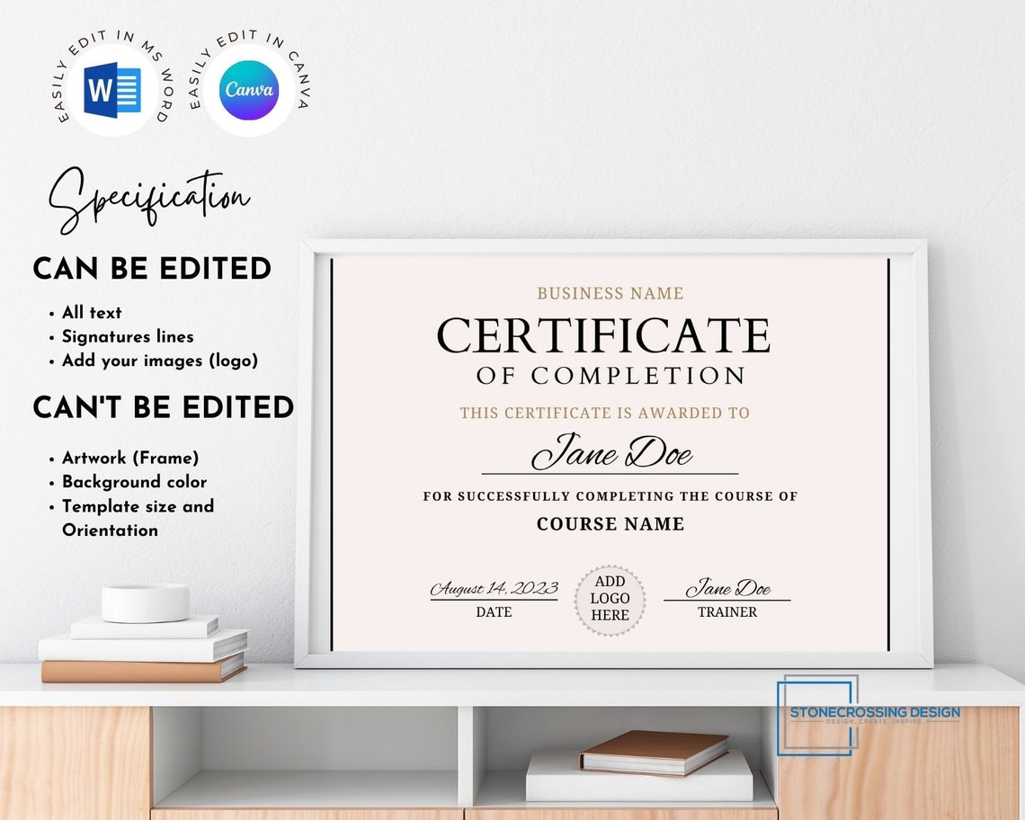 Editable Certificate of Completion Template. Award Template. - Etsy