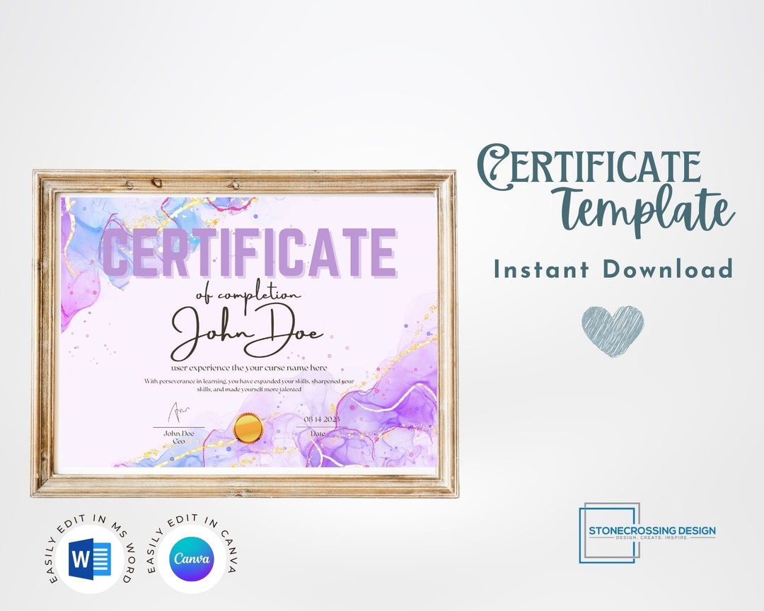Editable Certificate of Completion Template. Award Template. Printable ...
