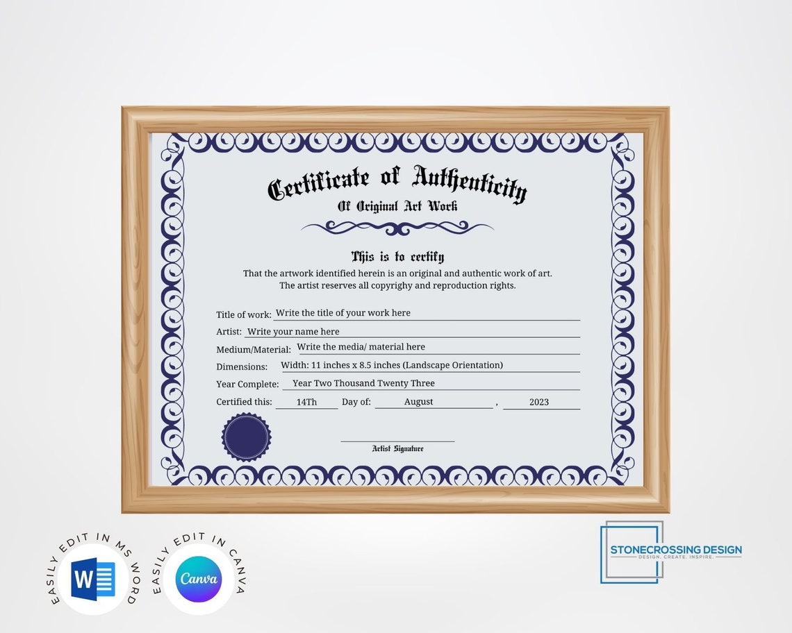 Editable Certificate of Authenticity Template. Authenticity Certificate ...