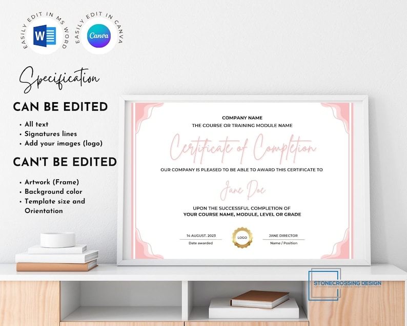 Editable Certificate of Completion Template. Award Template. Printable ...