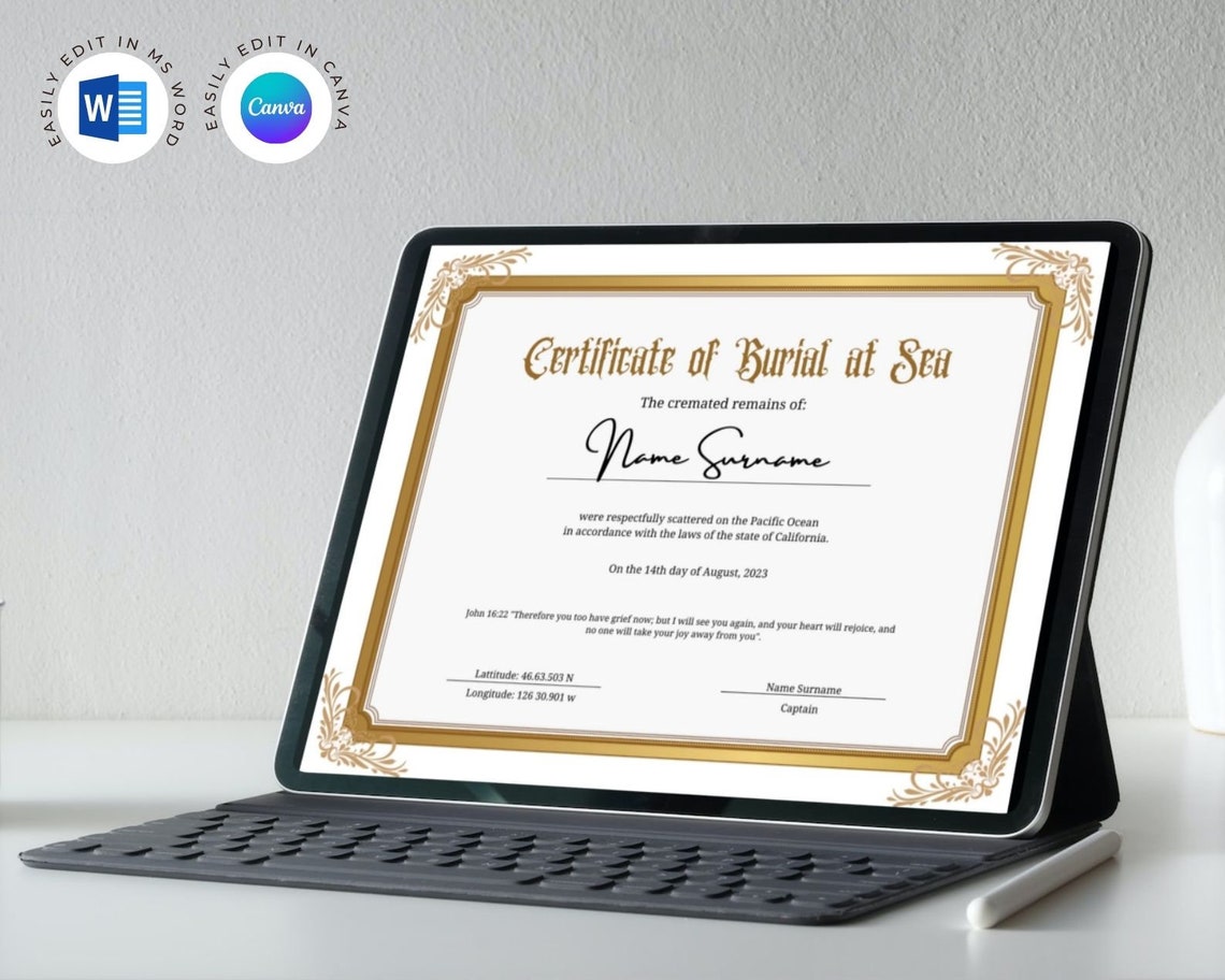 Editable Certificate of Burial Template. Award Template. Printable ...