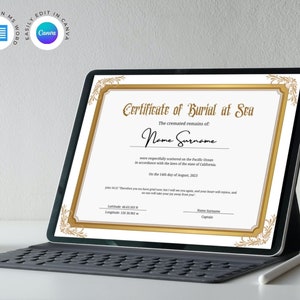 Editable Certificate of Burial Template. Award Template. Printable ...