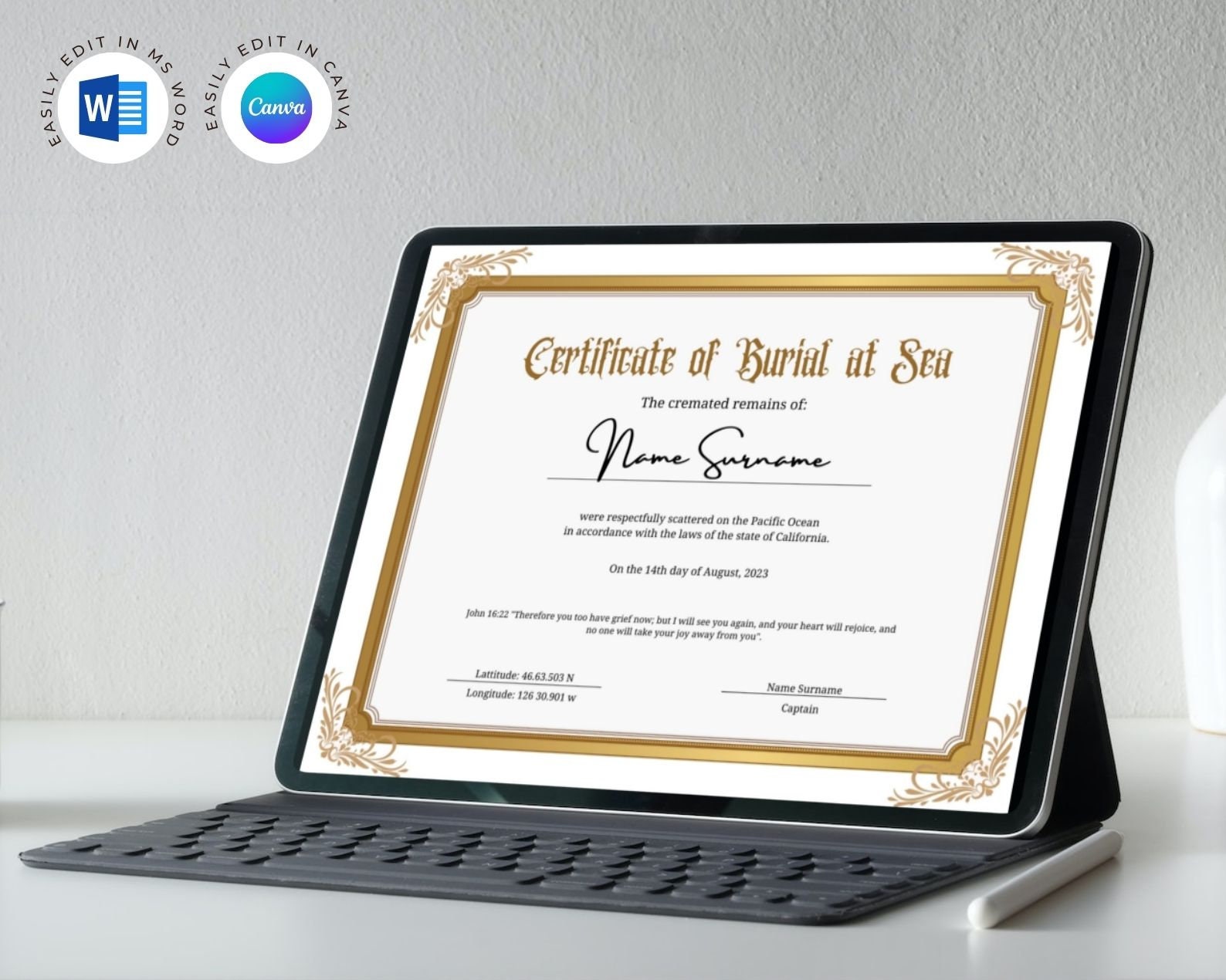 Editable Certificate of Burial Template. Award Template. Printable ...