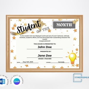 Editable Student of the Month Certificate Template. Student Certificate ...