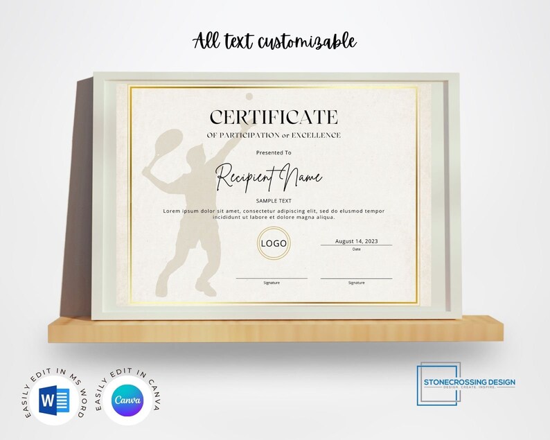 Editable Certificate of Participation or Excellence. Tennis Award ...