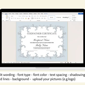Editable Certificate of Godparents. Printable Certificate. - Etsy