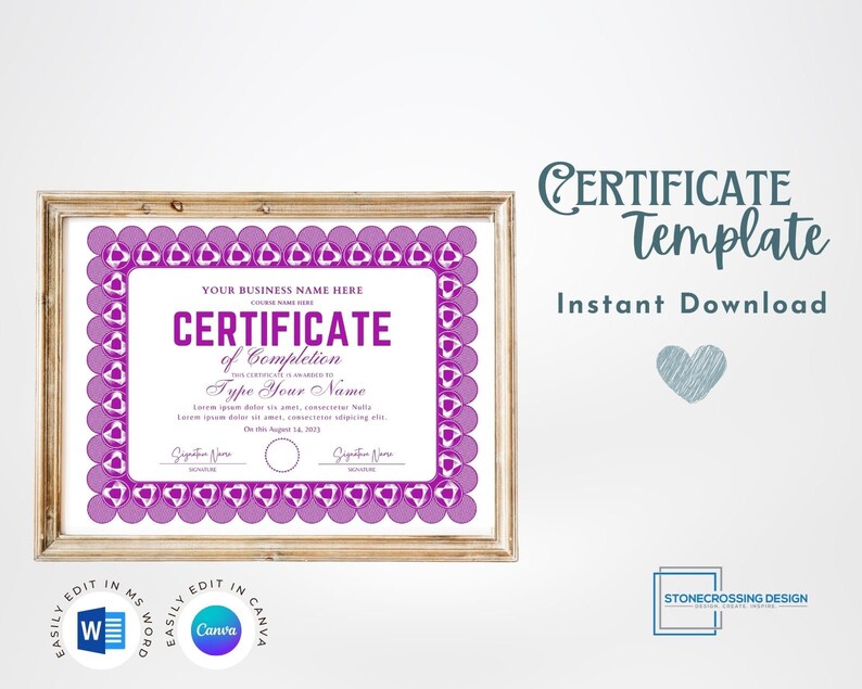 Editable Certificate of Completion Template. Award Template. Printable Certificate. Editable ...