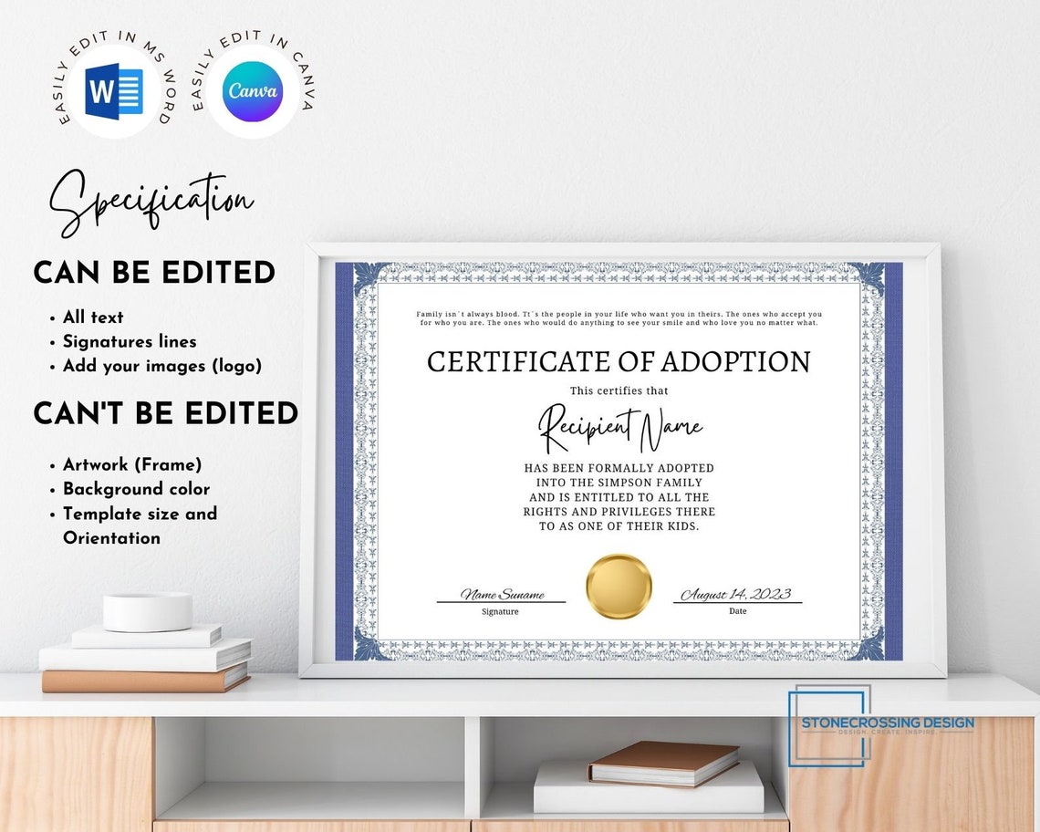 Editable Certificate of Adoption Template. Adoption - Etsy