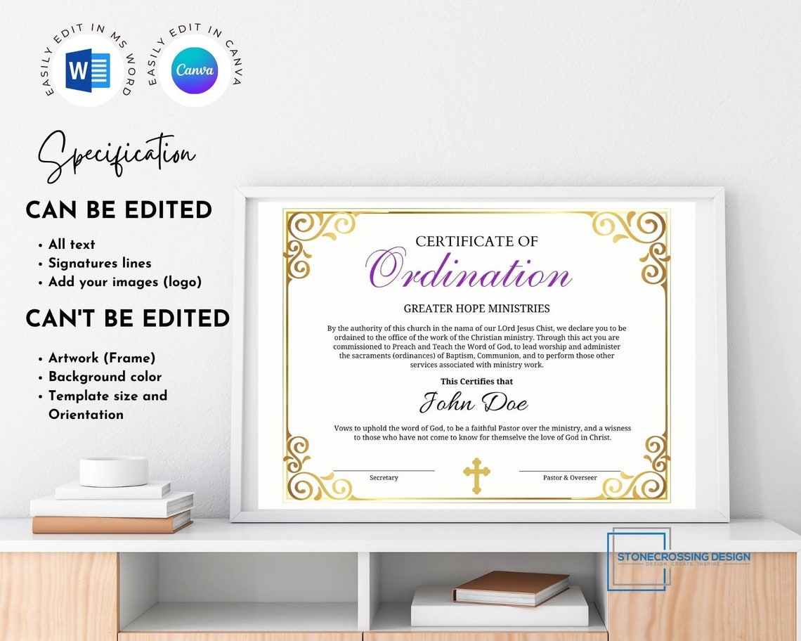 Editable Certificate of Ordination Template. Ordained Minister ...