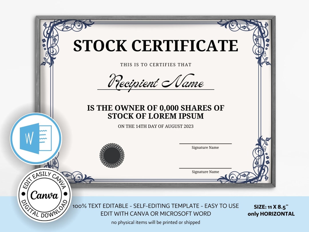 Editable Stock Certificate Template. Printable Certificate. - Etsy