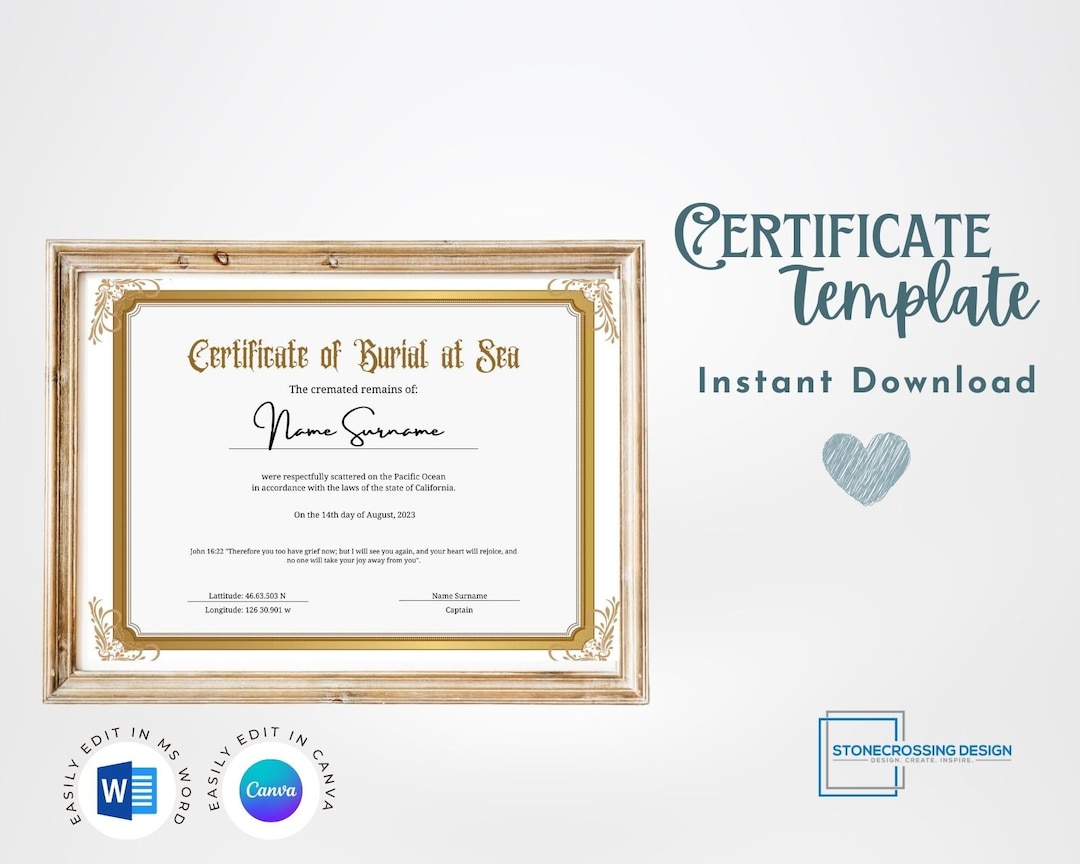 Editable Certificate of Burial Template. Award Template. Printable ...