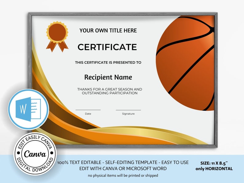Editable Basketball Sports Certificate Template With Photo. - Etsy
