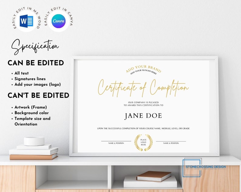 Editable Certificate of Completion Template. Award Template. Printable ...
