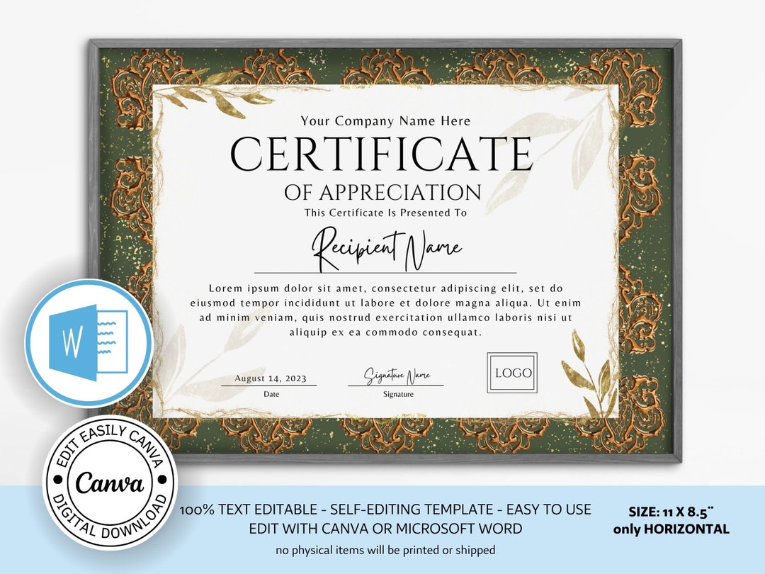 Editable Certificate of Appreciation. Award Template. - Etsy