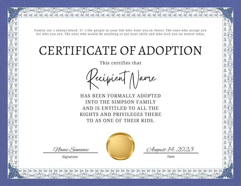 Editable Certificate of Adoption Template. Adoption - Etsy