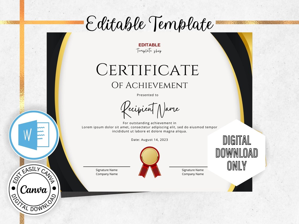 Editable Certificate of Achievement Template. Award Template. - Etsy