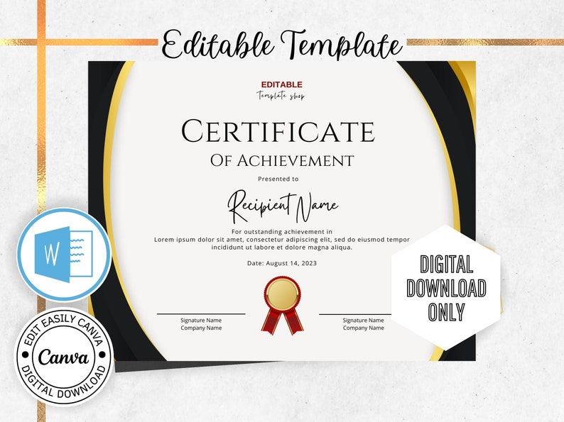 Editable Certificate of Achievement Template. Award Template. - Etsy