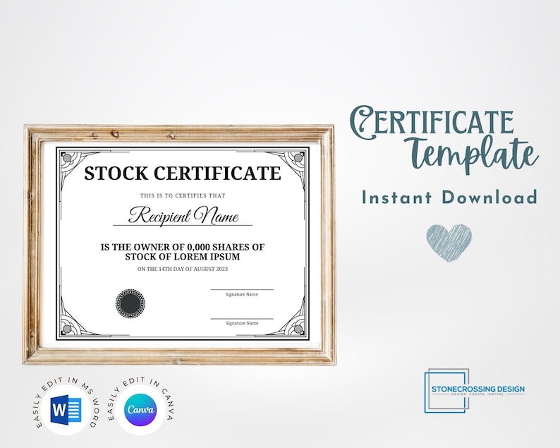 Editable Stock Certificate Template. Printable Certificate. Editable ...