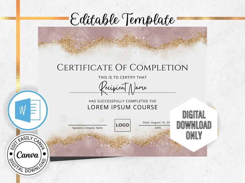 Editable Certificate of Completion Template. Award Template. - Etsy