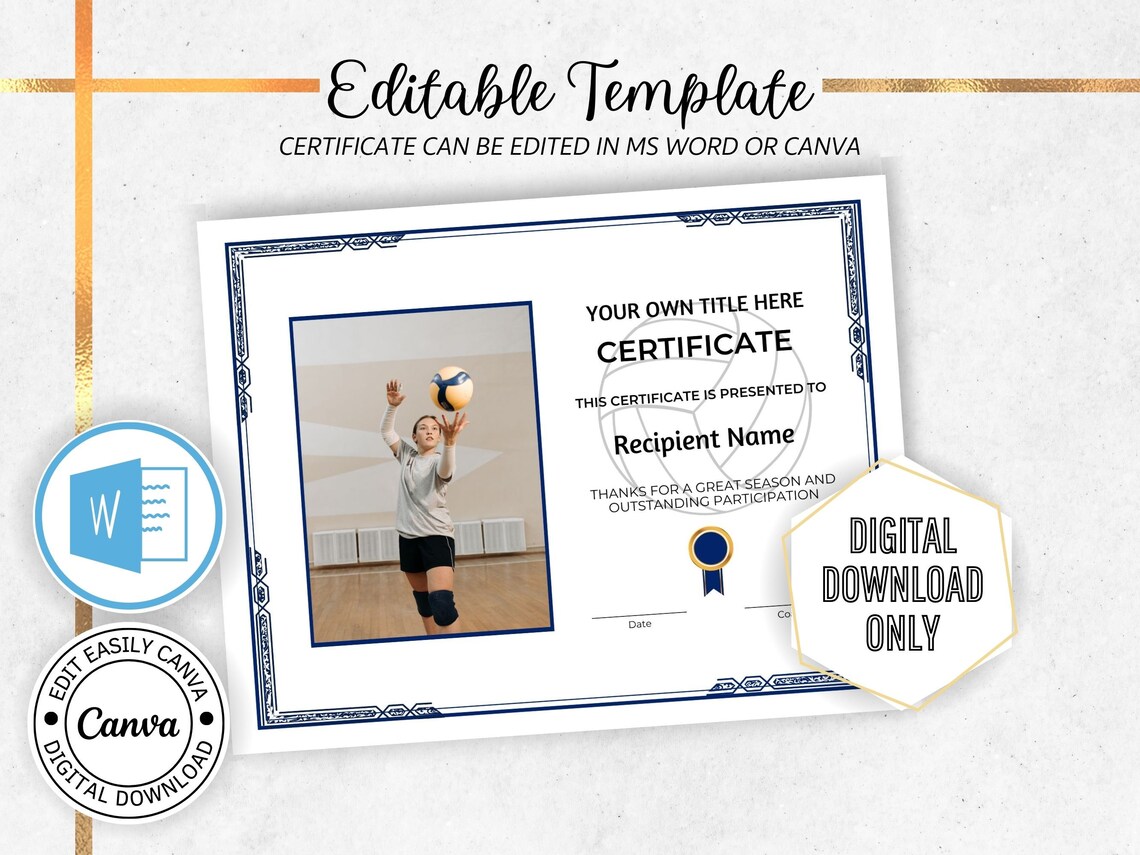 Editable Volleyball Sports Certificate Template With Photo. - Etsy