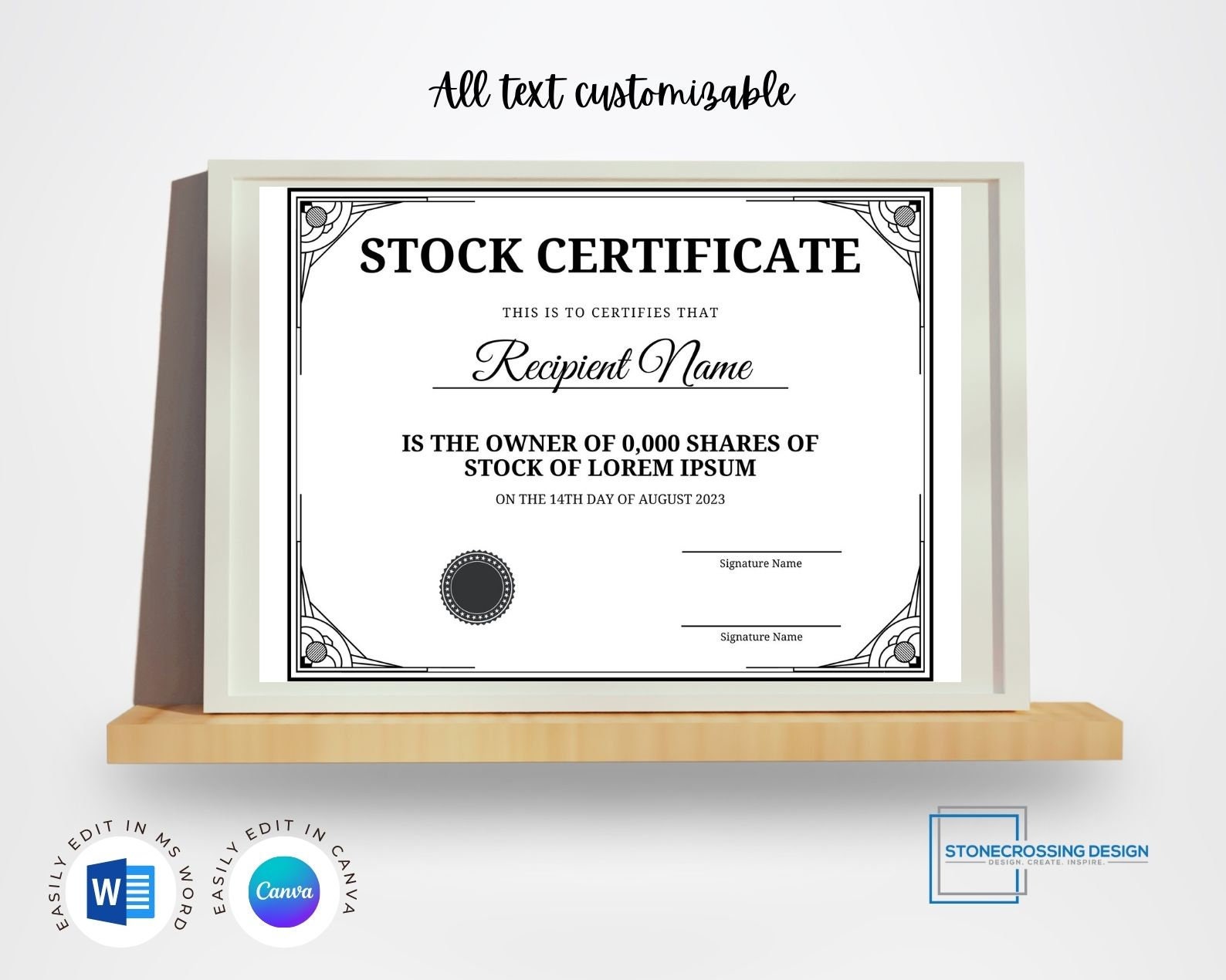 Editable Stock Certificate Template. Printable Certificate. Editable ...