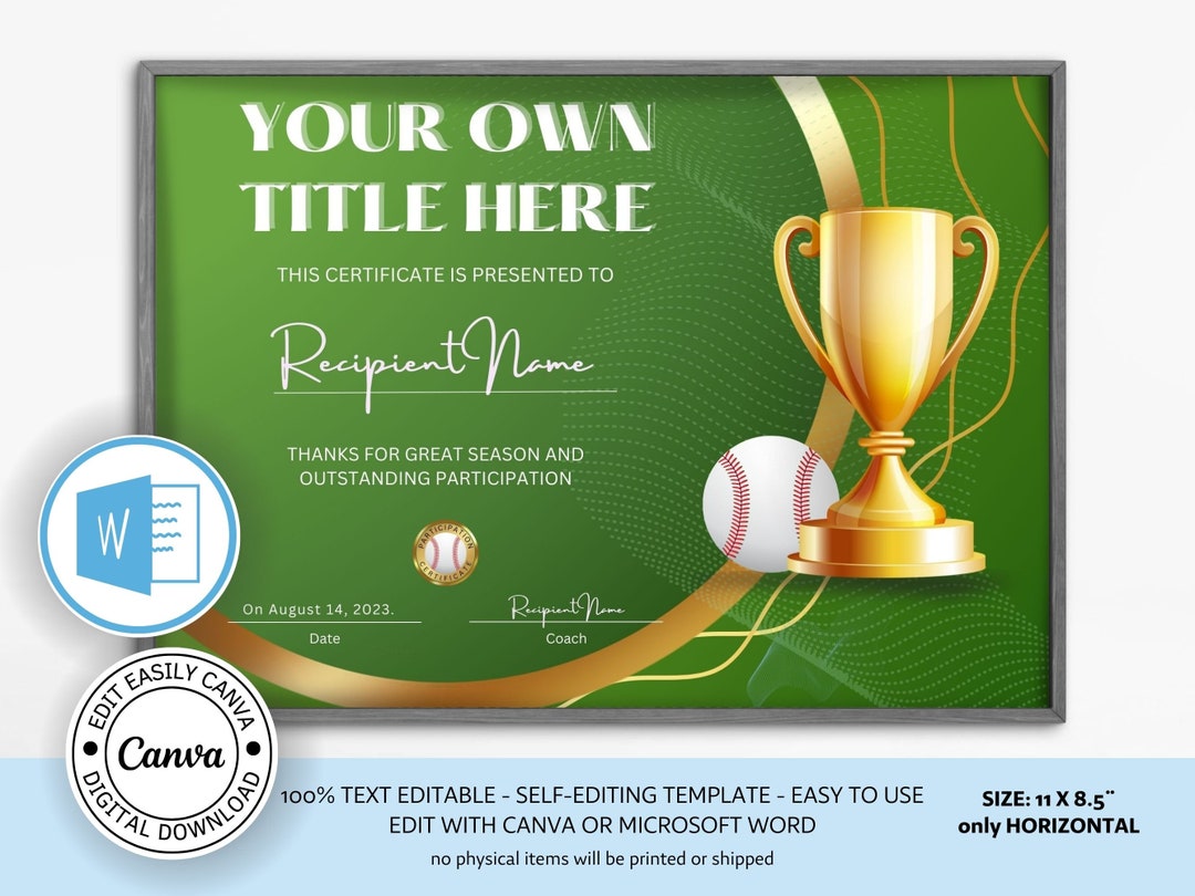 Editable Baseball Sports Certificate. Recognizing Sporting - Etsy