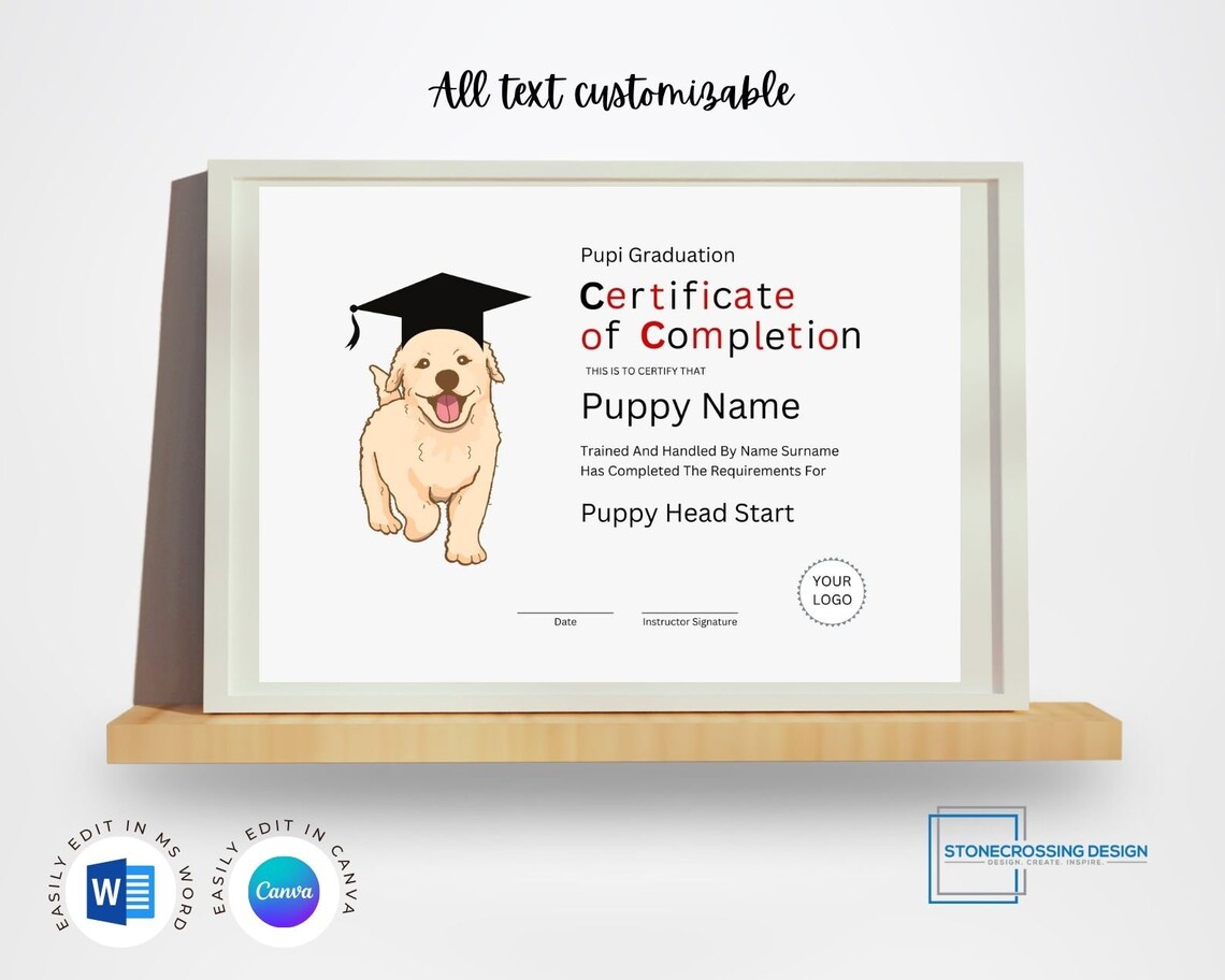 Editable Certificate of Completion for Dog Template. Award Template ...