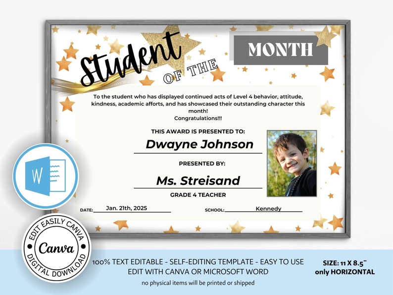 Editable Student of the Month Certificate Template. Student - Etsy