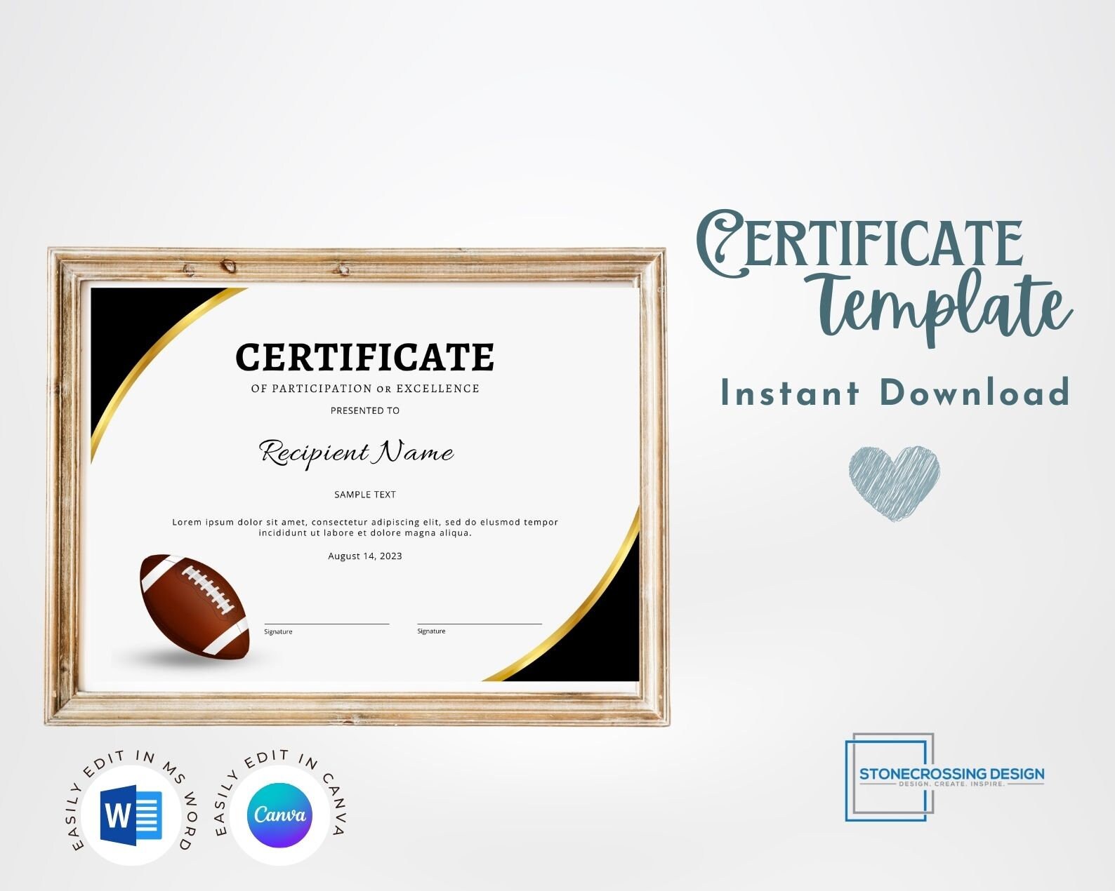 Editable Certificate of Participation or Excellence. Football Award ...