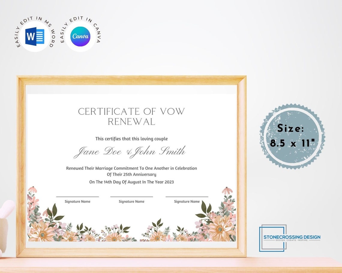 Editable Certificate of Vow Renewal Template. Marriage - Etsy