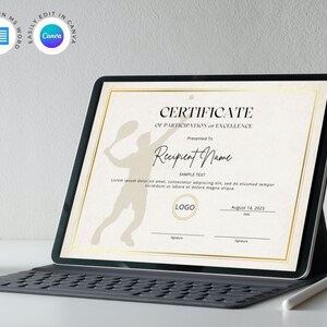 Editable Certificate of Participation or Excellence. Tennis Award ...