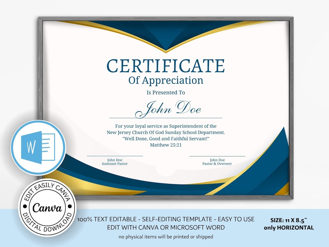 Editable Certificate of Appreciation. Award Template. - Etsy