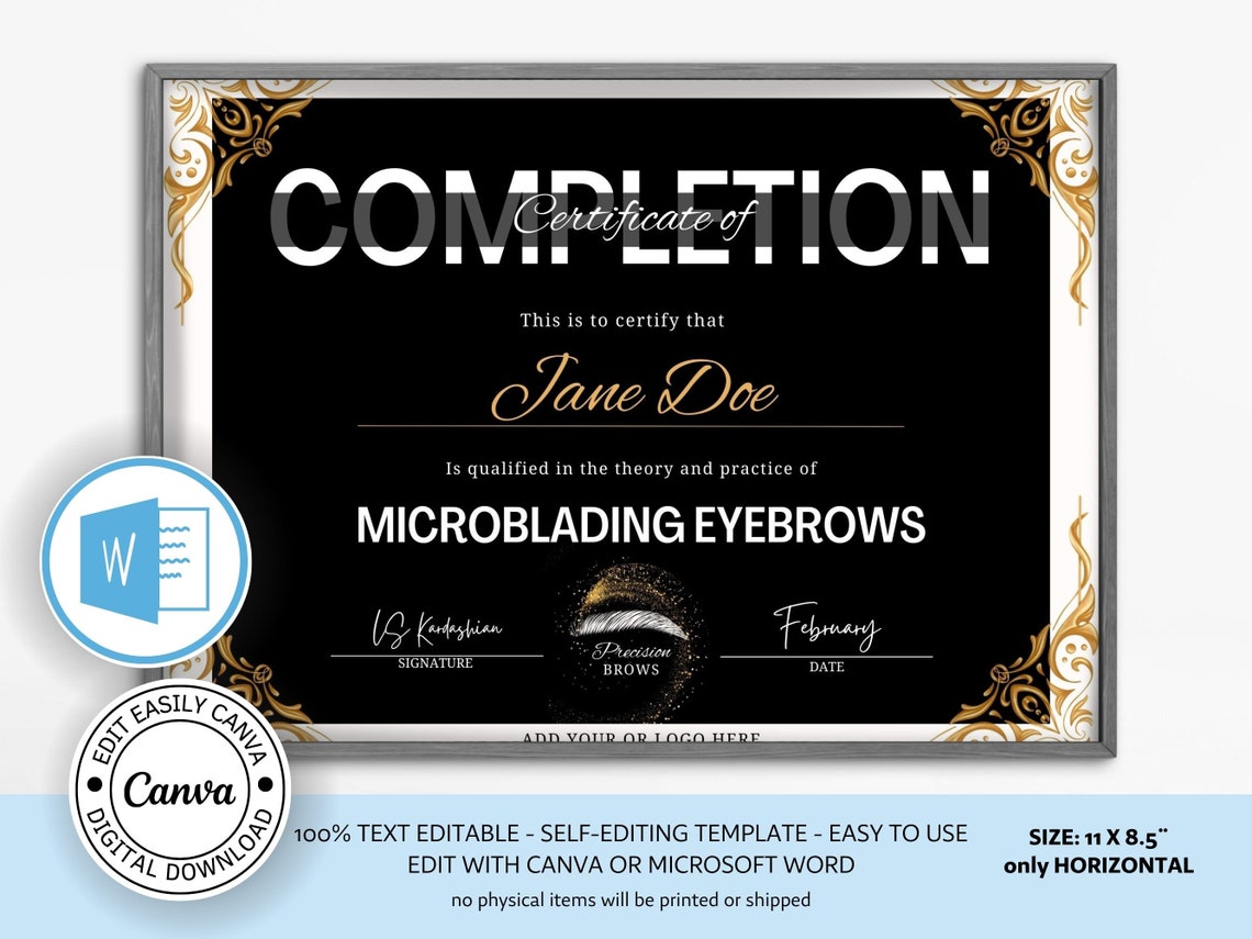 Editable Certificate of Completion Template. Award Template. - Etsy