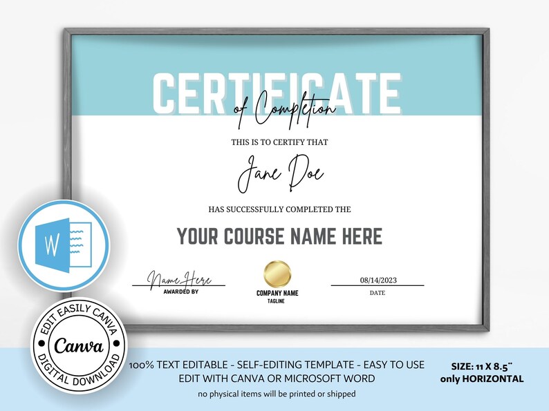 Editable Certificate of Completion Template. Award Template. - Etsy