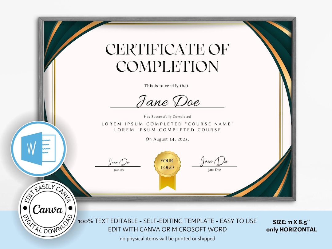Editable Certificate of Completion Template. Award Template. - Etsy