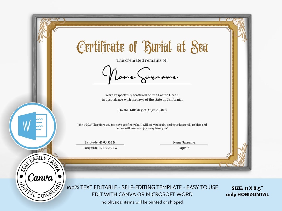 Editable Certificate of Burial Template. Award Template. - Etsy Australia