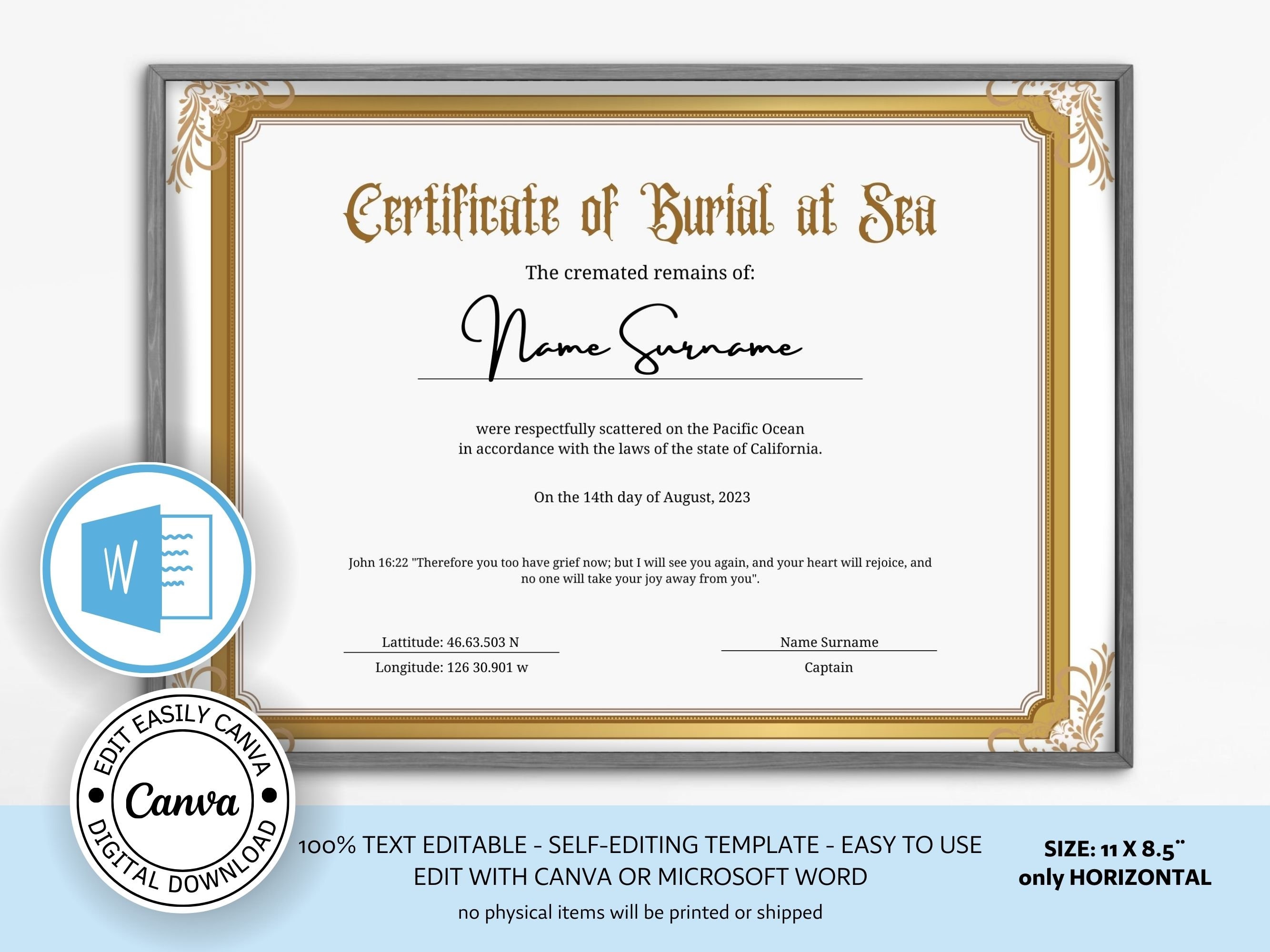 Editable Certificate of Burial Template. Award Template. - Etsy Australia