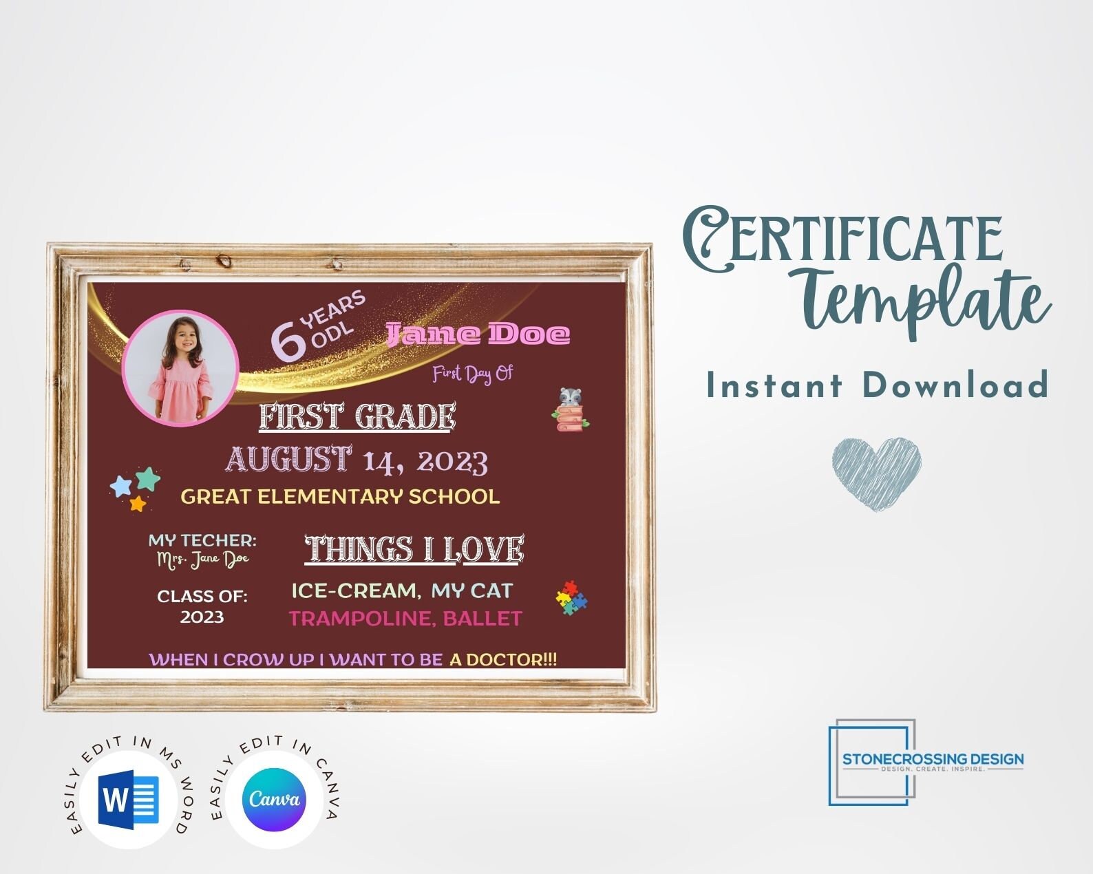 Editable First Day of School Template. School Certificate. Printable ...