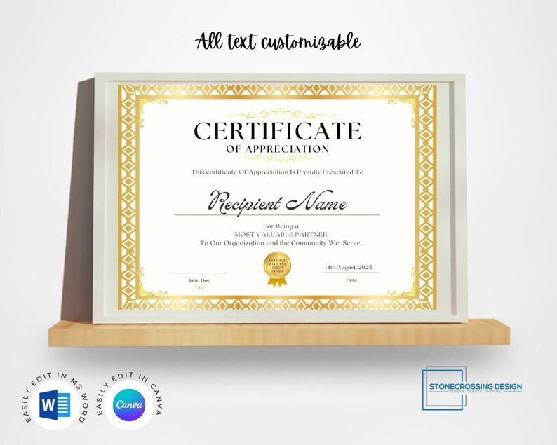 Editable Certificate of Appreciation Template. Award Template ...