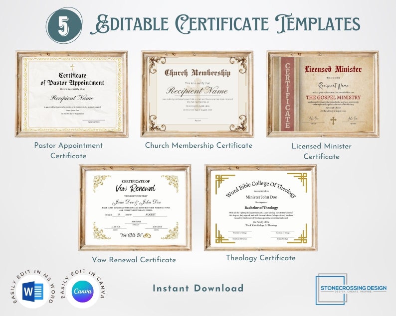 Editable Religious Milestones Bundle Certificates: Pastor Appointment ...