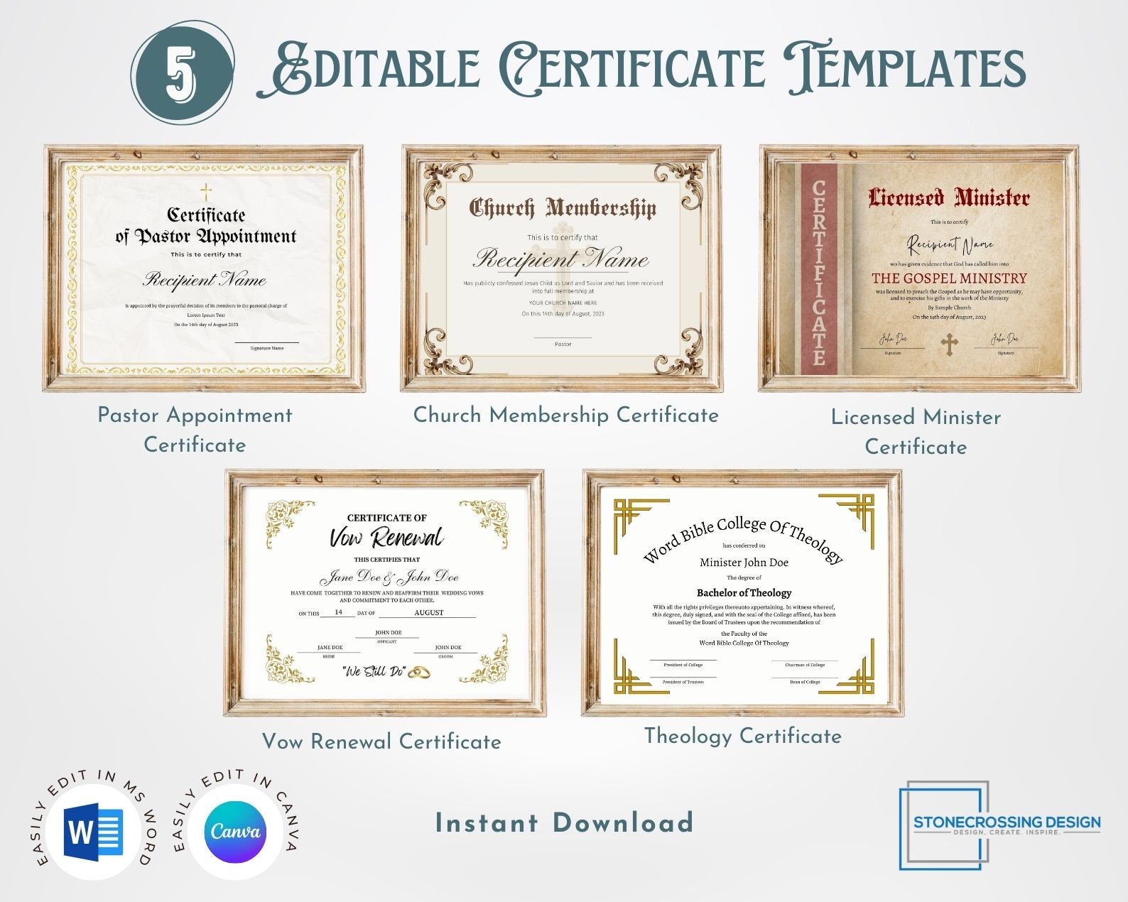 Editable Religious Milestones Bundle Certificates: Pastor Appointment ...