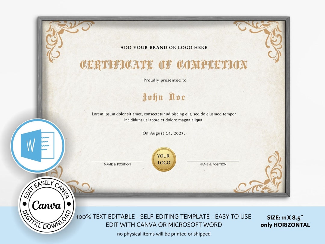 Editable Certificate of Completion Template. Award Template. - Etsy