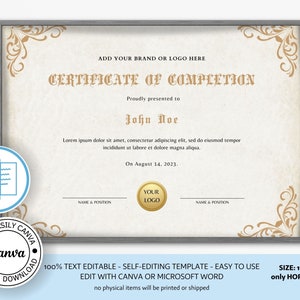 Editable Certificate of Completion Template. Award Template. - Etsy