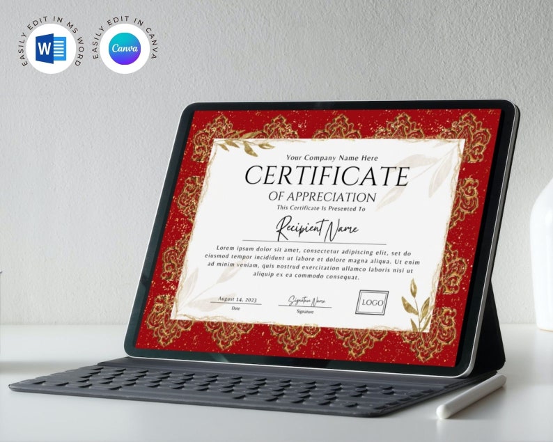 Editable Certificate of Appreciation. Award Template. Printable Certificate. Editable With Canva ...