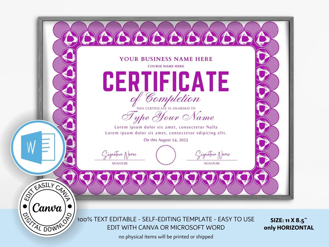 Editable Certificate of Completion Template. Award Template. - Etsy