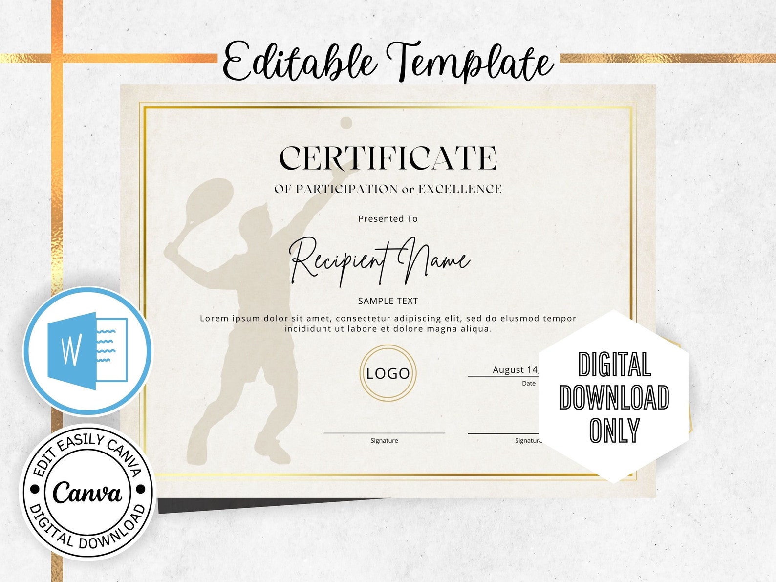 Editable Certificate of Participation or Excellence. Tennis - Etsy