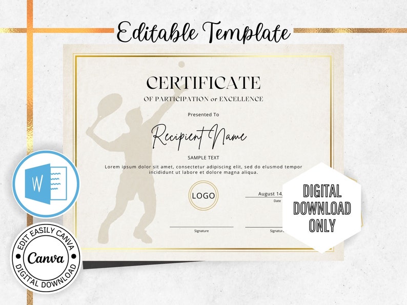 Editable Certificate of Participation or Excellence. Tennis - Etsy