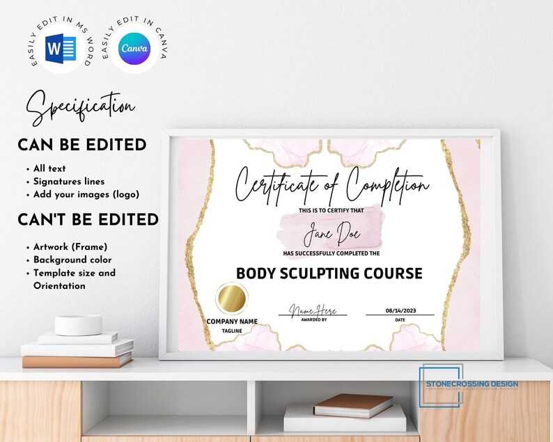Editable Certificate of Completion Template. Award Template. Printable ...