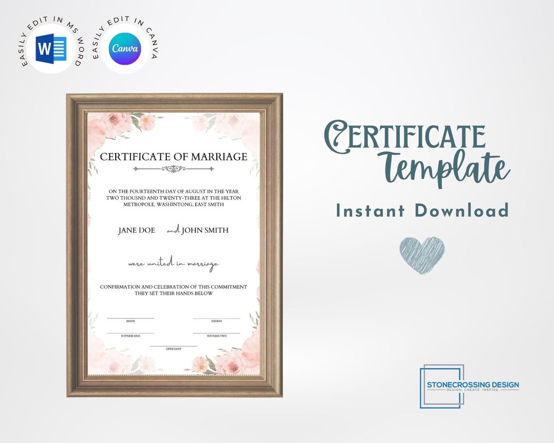 Editable Certificate of Marriage Template. Marriage License. - Etsy